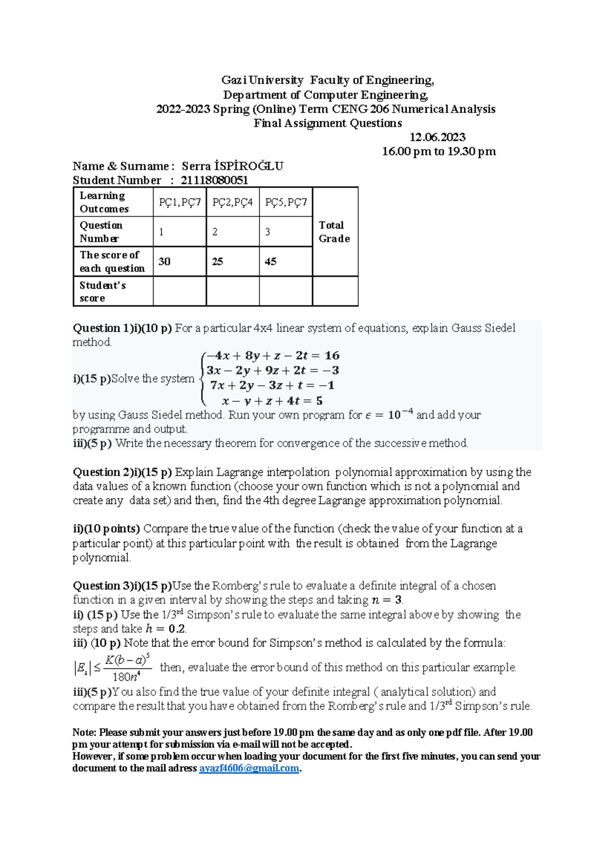 CENG 206 Numerical Analysis Final Assignment - Spring 2023 - Studocu