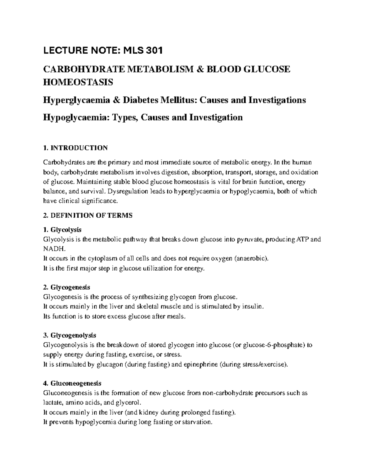 LECTURE NOTES: MLS 301 CARBOHYDRATE METABOLISM & GLUCOSE HOMEOSTASIS ...