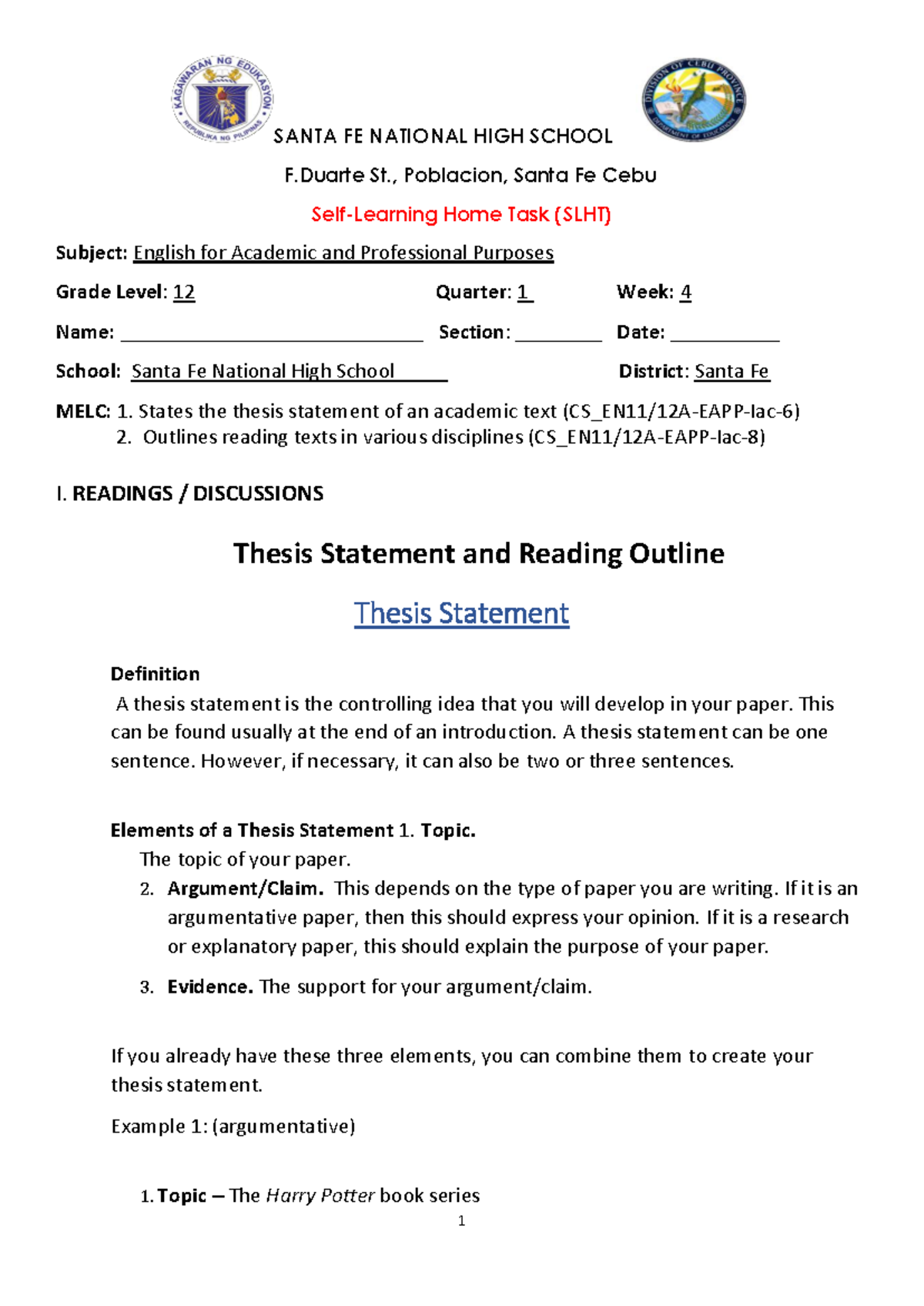 EAPP 12 Q1 W4 Thesis Statement & Reading Outline Guide - Studocu