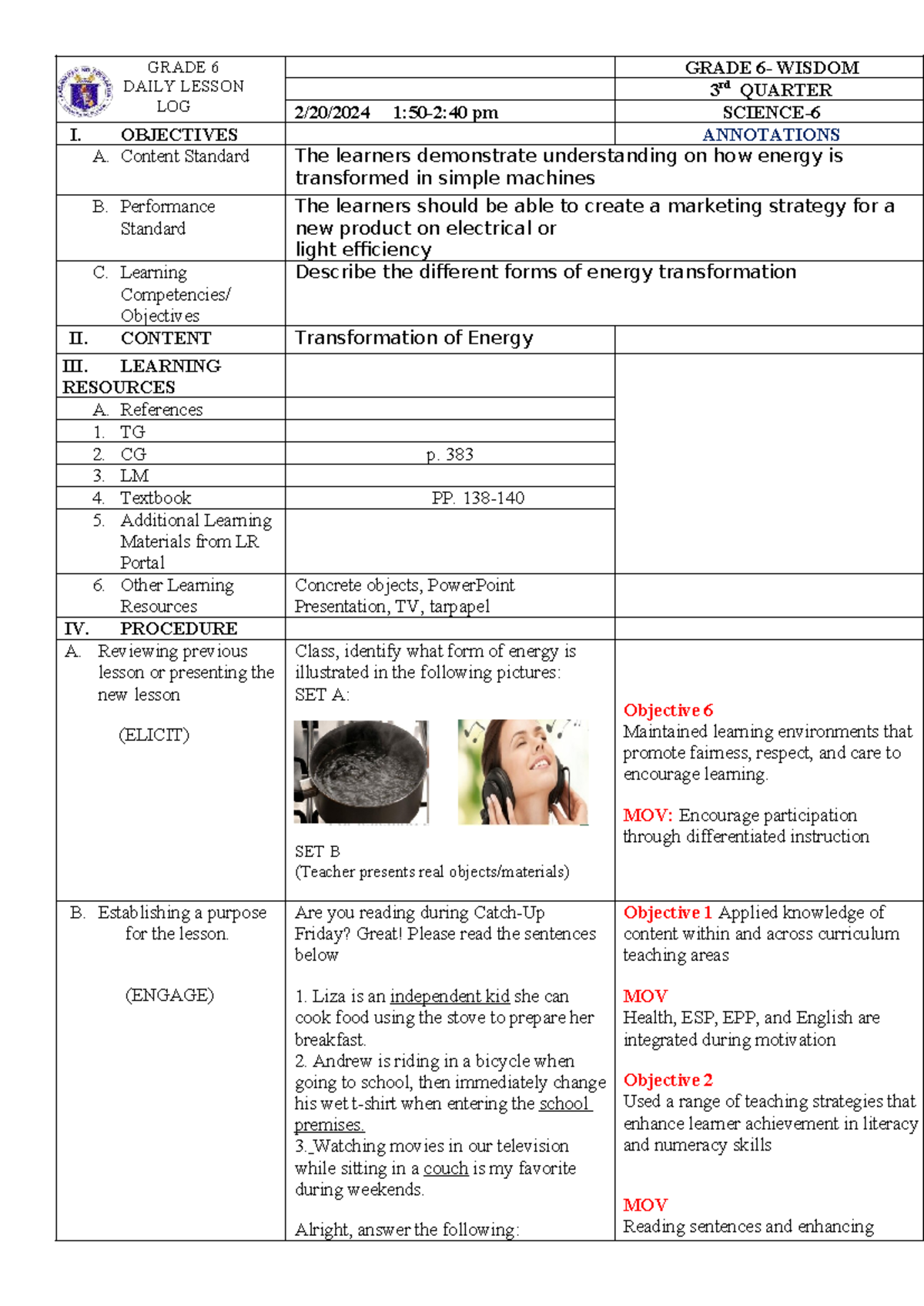 LP-COT-3 GRADE 6 Science Lesson Plan: Energy Transformation - Studocu