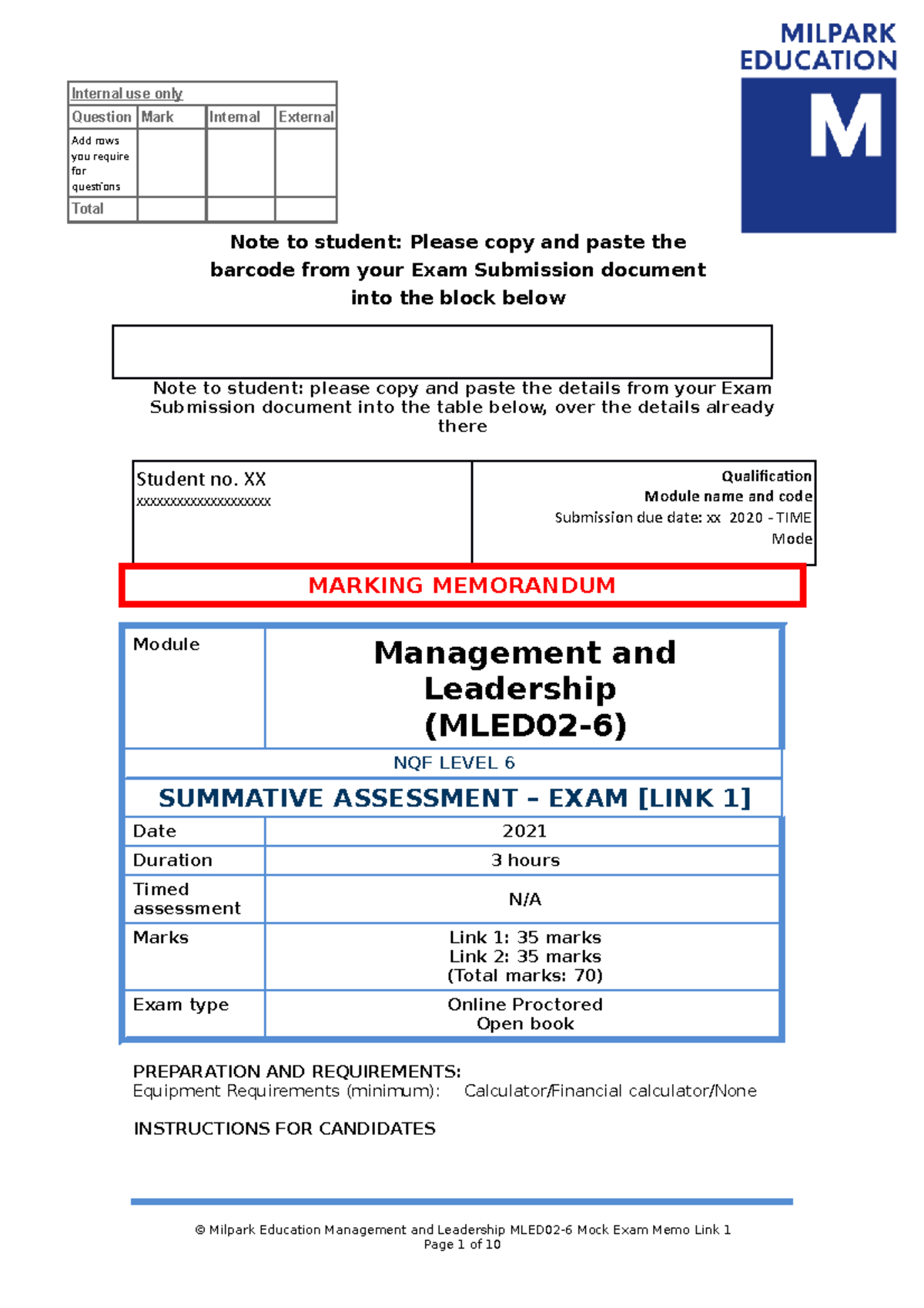 MLED02-6 Management & Leadership Mock Exam Memo Link 1 - 2021 - Studocu