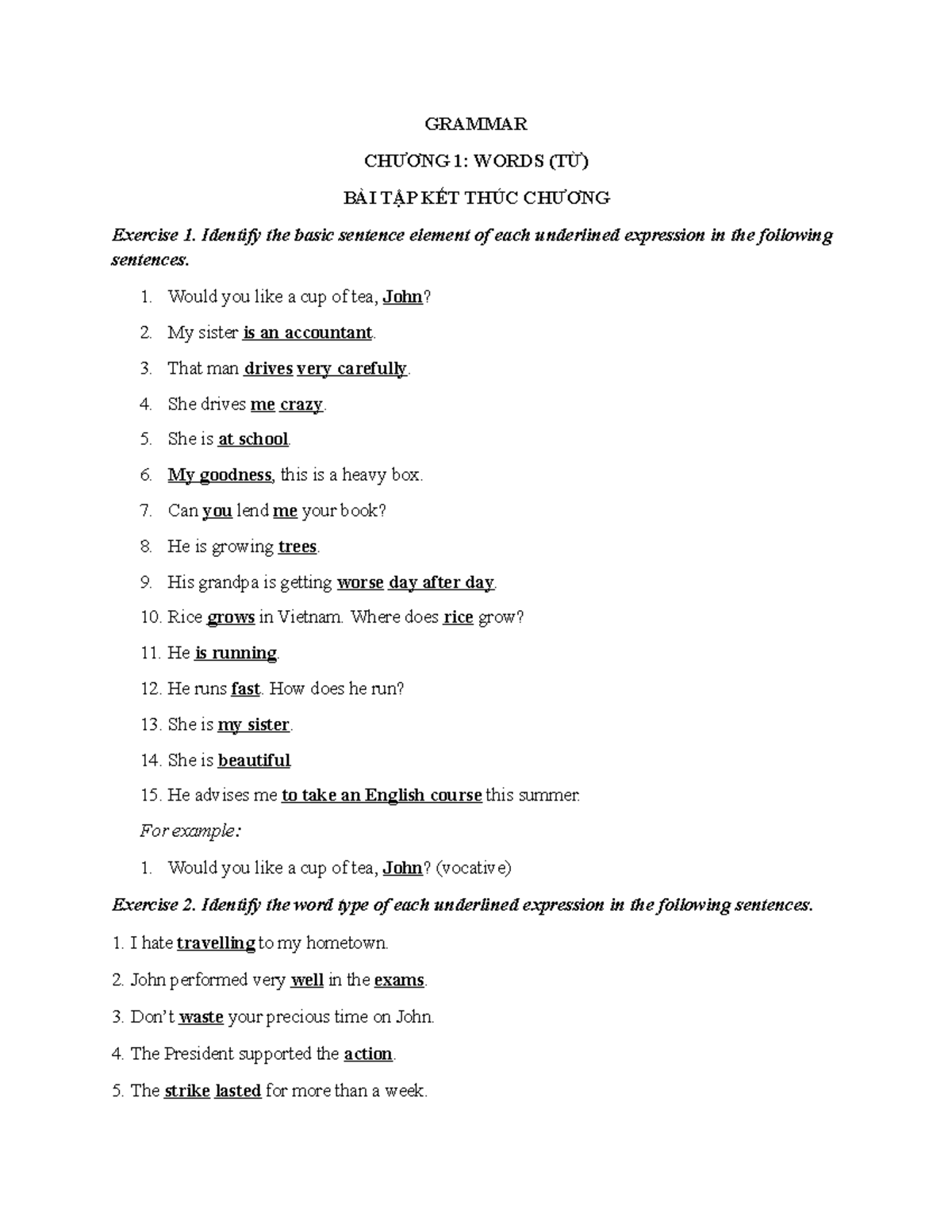 - bài tập - GRAMMAR CHƯƠNG 1: WORDS (TỪ) BÀI TẬP KẾT THÚC CHƯƠNG ...