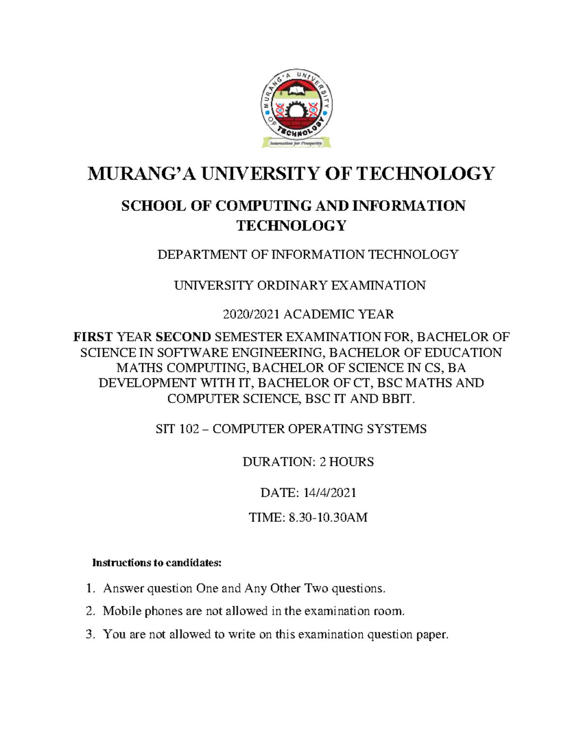 SIT 102 Final Exam: Computer Operating Systems Guide - Studocu