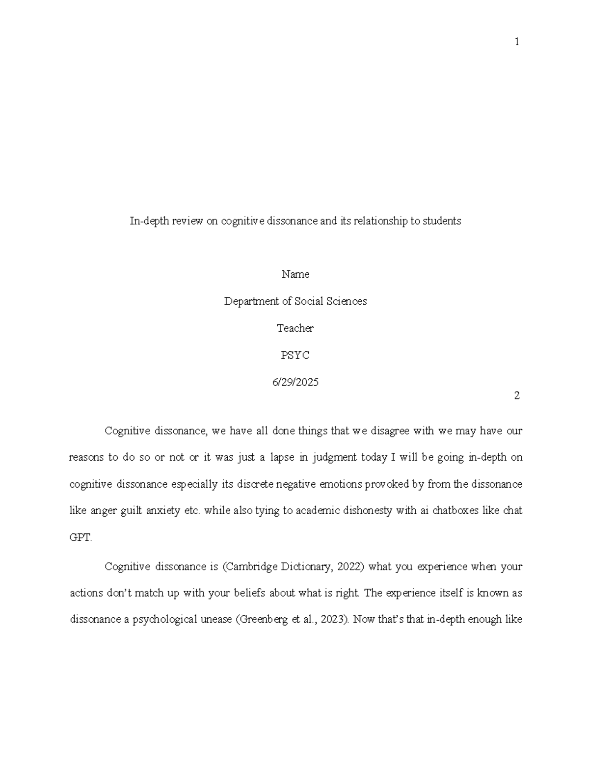PSYC 2: Cognitive Dissonance and Its Impact on Students' Emotions - Studocu