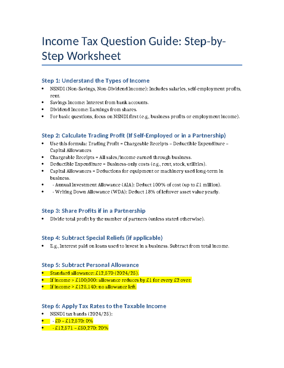 Income Tax Step-by-Step Worksheet: NSNDI Guide - Studocu