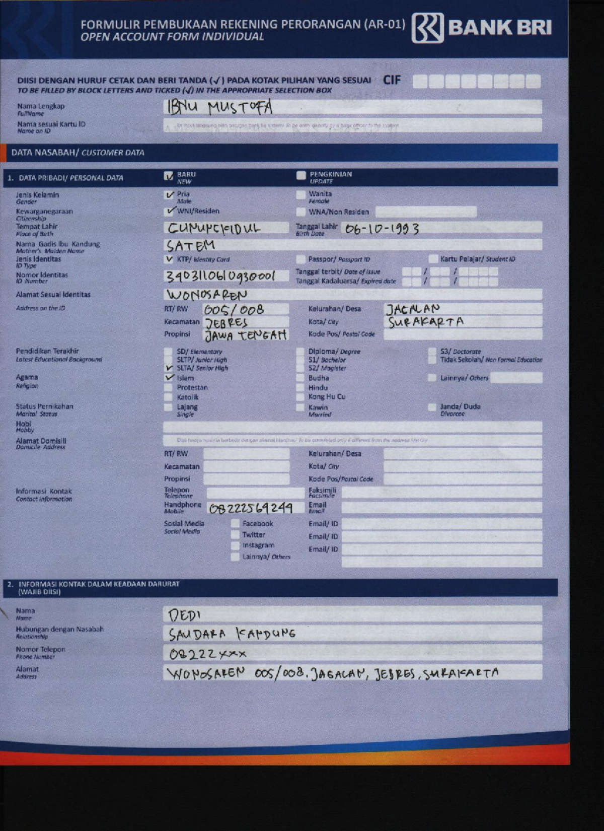Contoh Pengisian Formulir Pembukaan Rekening BRI - Studocu