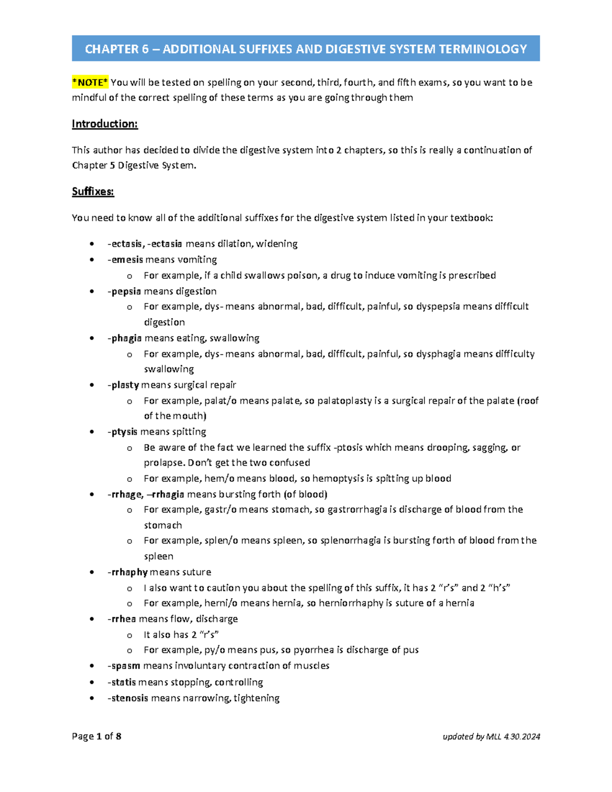 CHAPTER 6 - ADDITIONAL SUFFIXES & DIGESTIVE SYSTEM TERMINOLOGY - Studocu