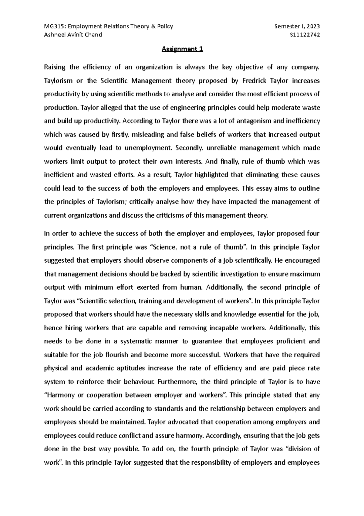 MG315 Assignment 1 - MG315: Employment Relations Theory & Policy ...