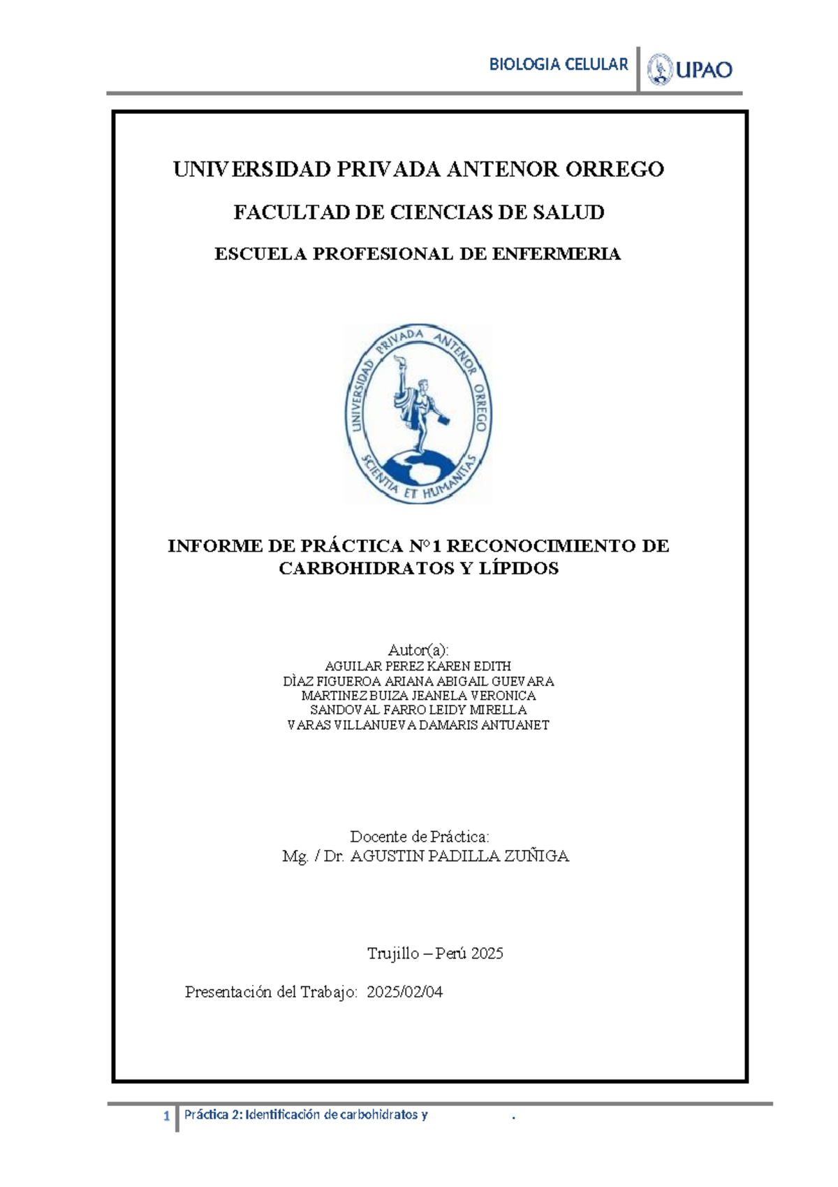 Informe DE Practica 3 - 1 Práctica 2: Identificación de carbohidratos y . UNIVERSIDAD PRIVADA ...