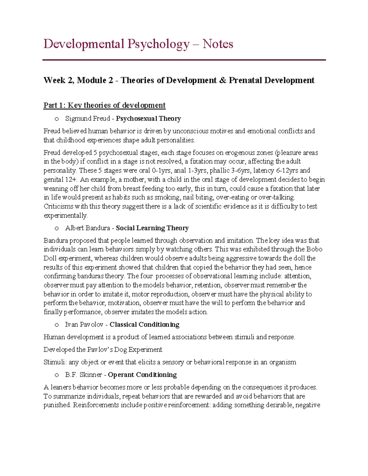 DP 3009 Developmental Psychology Notes: Theories & Prenatal Development ...