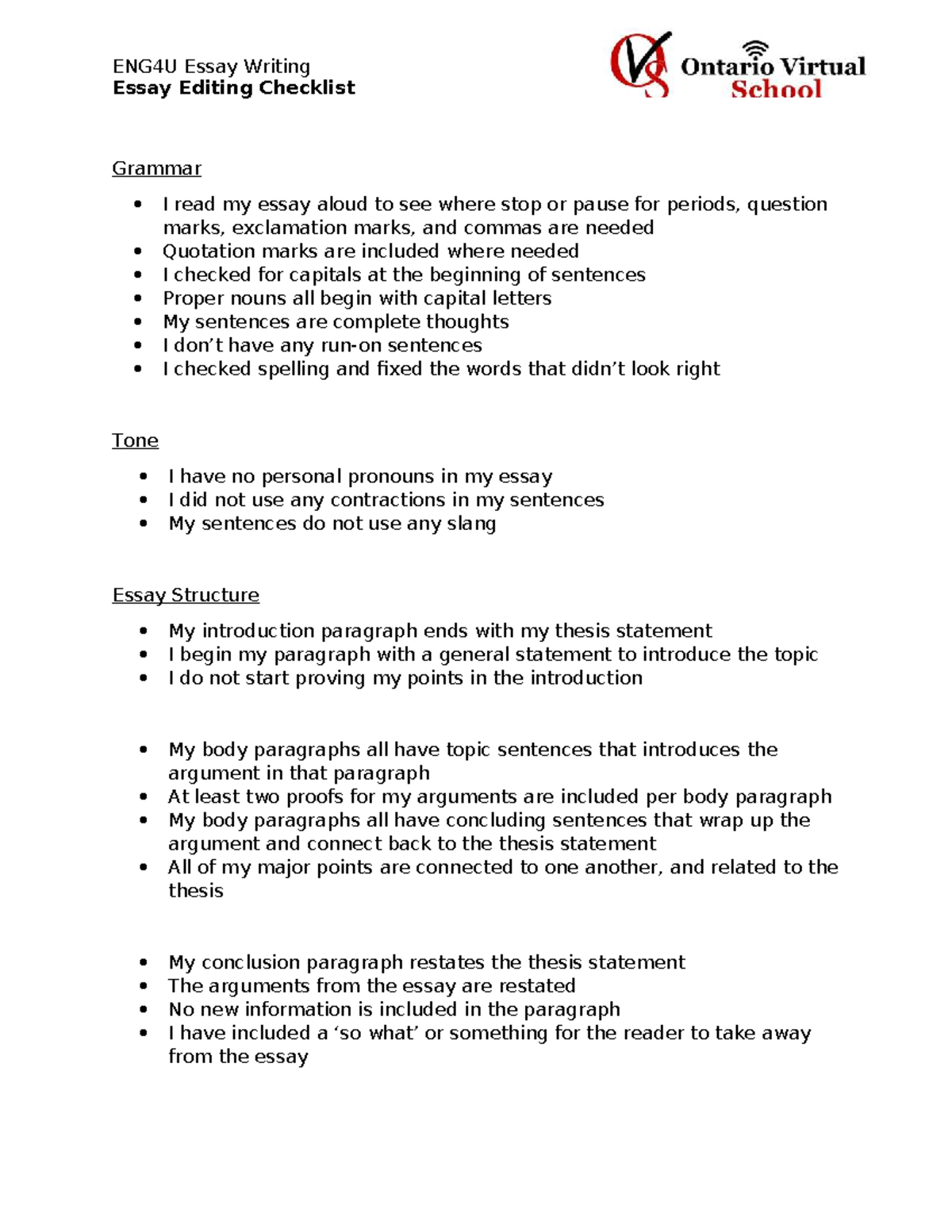 ENG4U Essay Writing: Editing Checklist for Grammar & Structure - Studocu