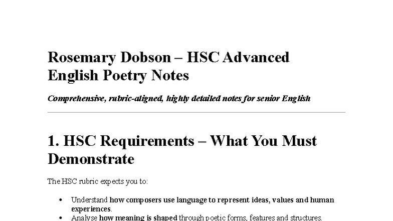 HSC Advanced English: Comprehensive Poetry Notes on Rosemary Dobson ...