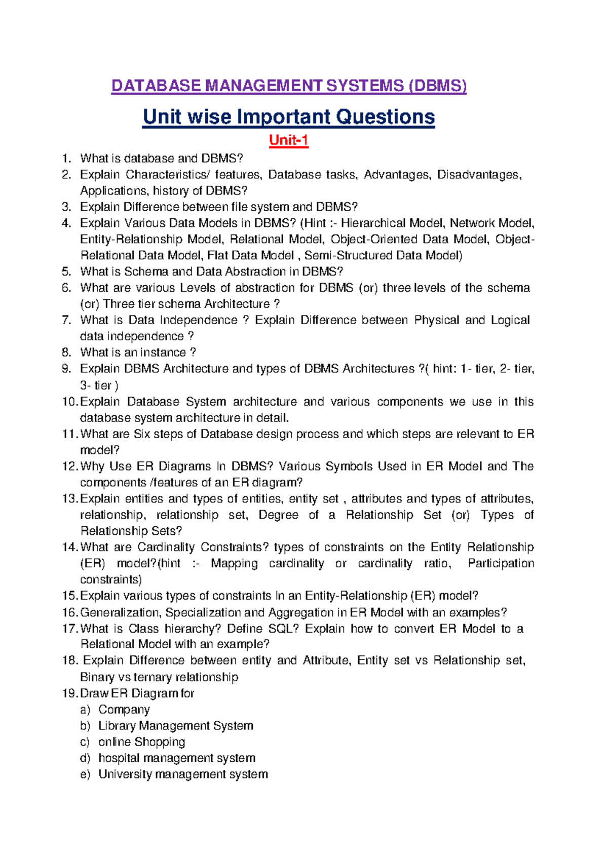 DBMS (DATABASE MANAGEMENT SYSTEMS) Unit-wise Important Questions - Studocu