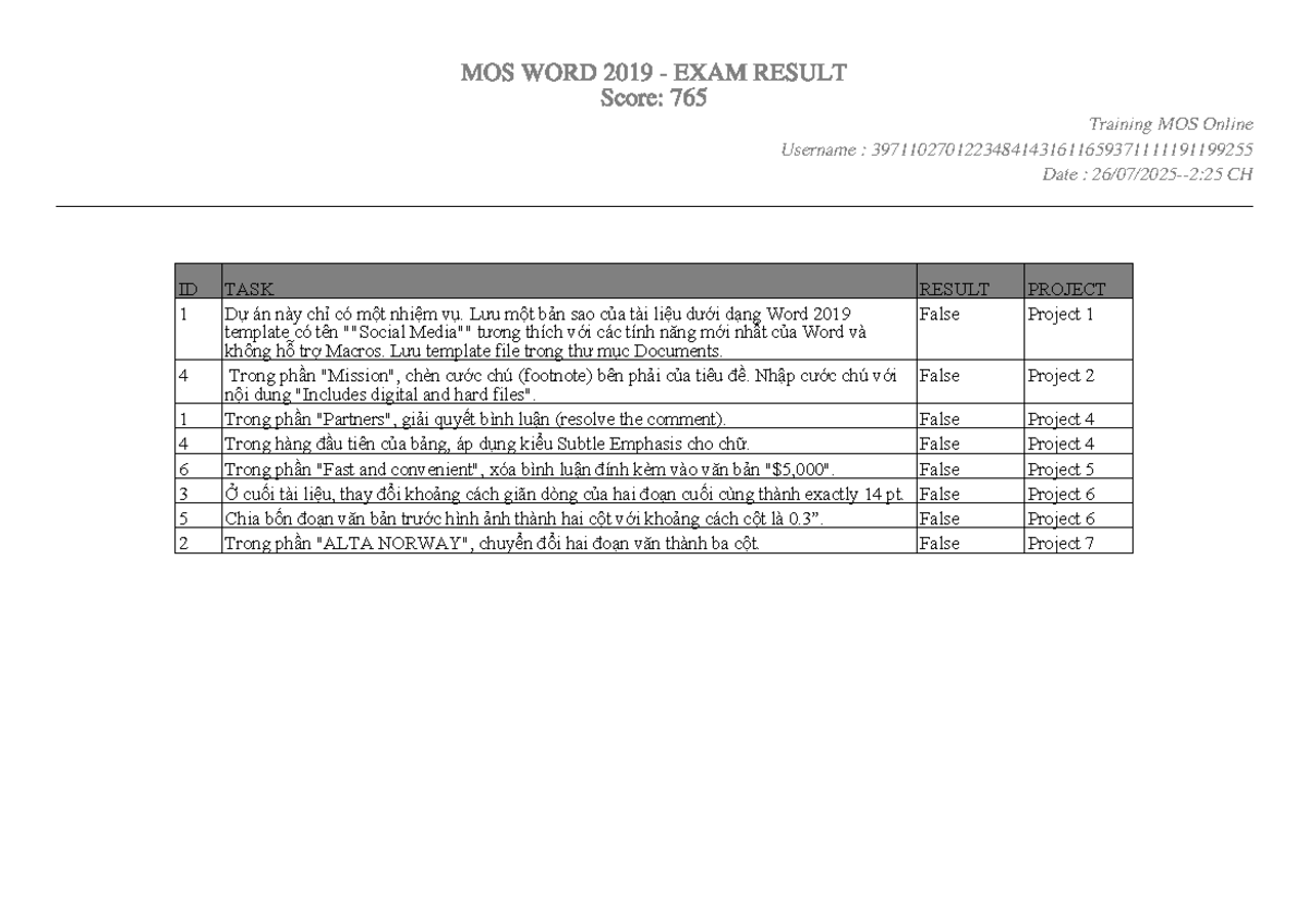 MOS WORD 2019 EXAM RESULT - Score: 765 & Project Tasks - Studocu
