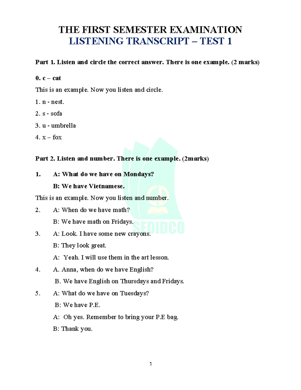 HK1 Listening Test 1 - Transcript and Answers - Studocu