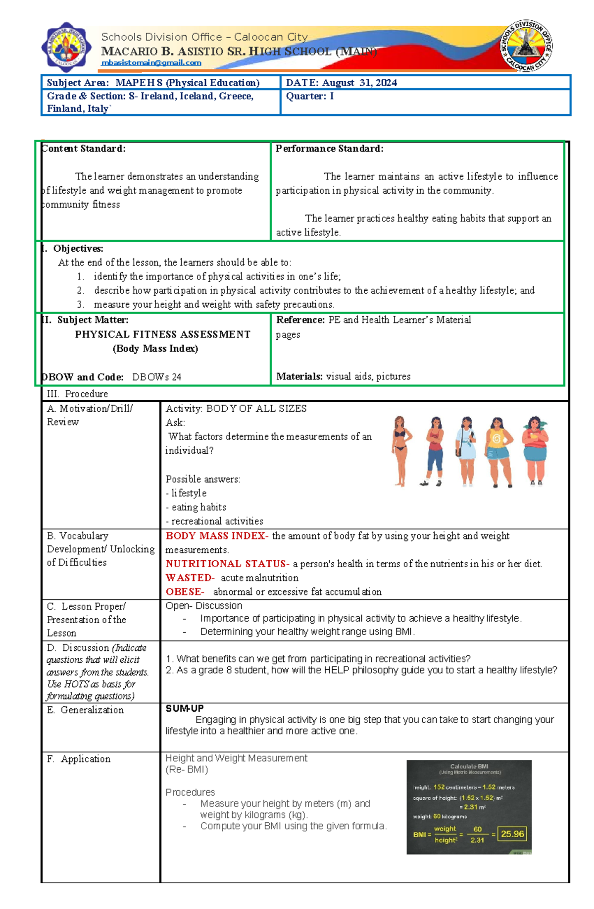 DLP9-Q1-BMI - MAPEH 8 Lesson Plan on Body Mass Index and Fitness - Studocu