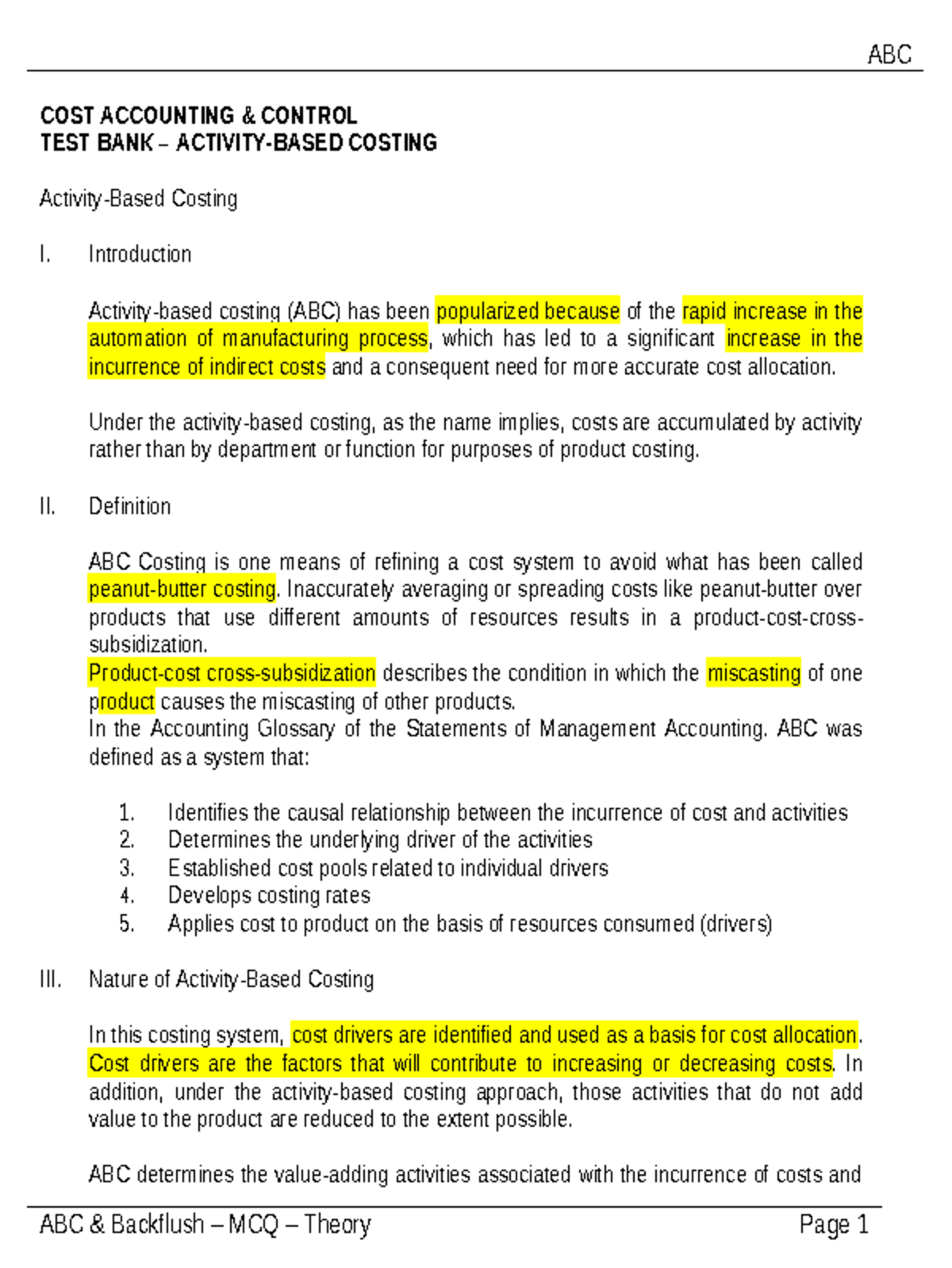 ABC Cost Accounting Control Test Bank: Activity-Based Costing Insights ...