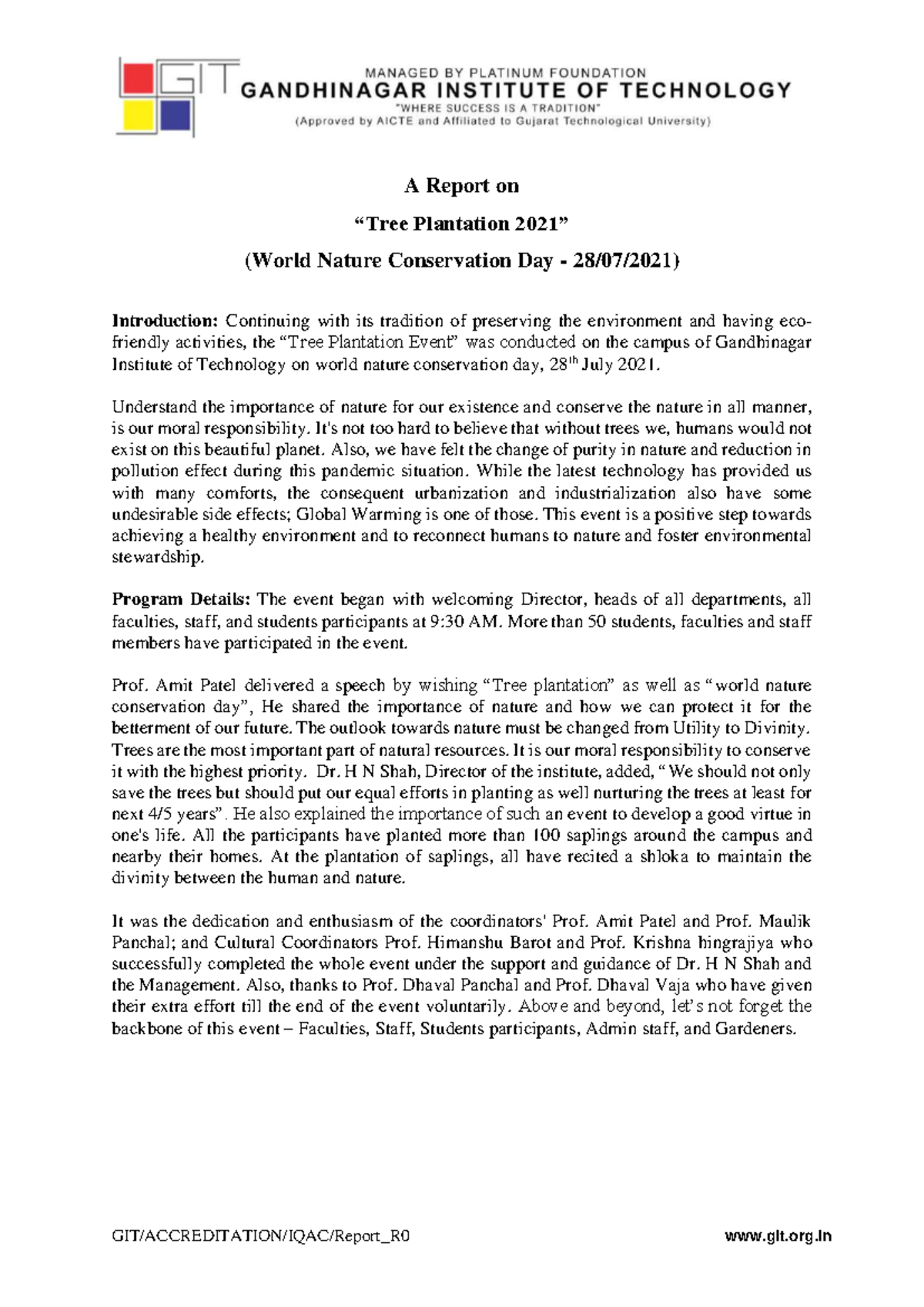 Report on Tree Plantation Event (GIT) - World Nature Conservation Day ...