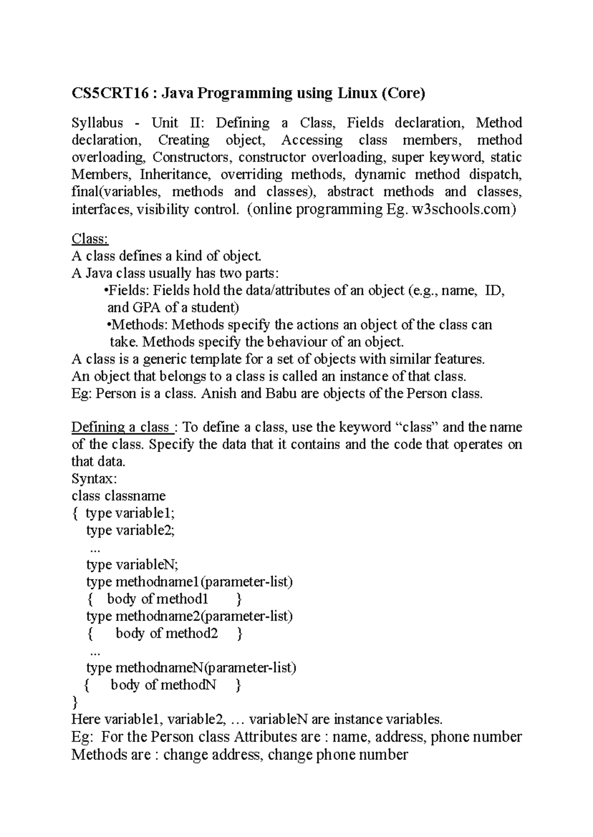 CS5CRT16: Java Programming Unit 2 Notes on Classes and Inheritance ...