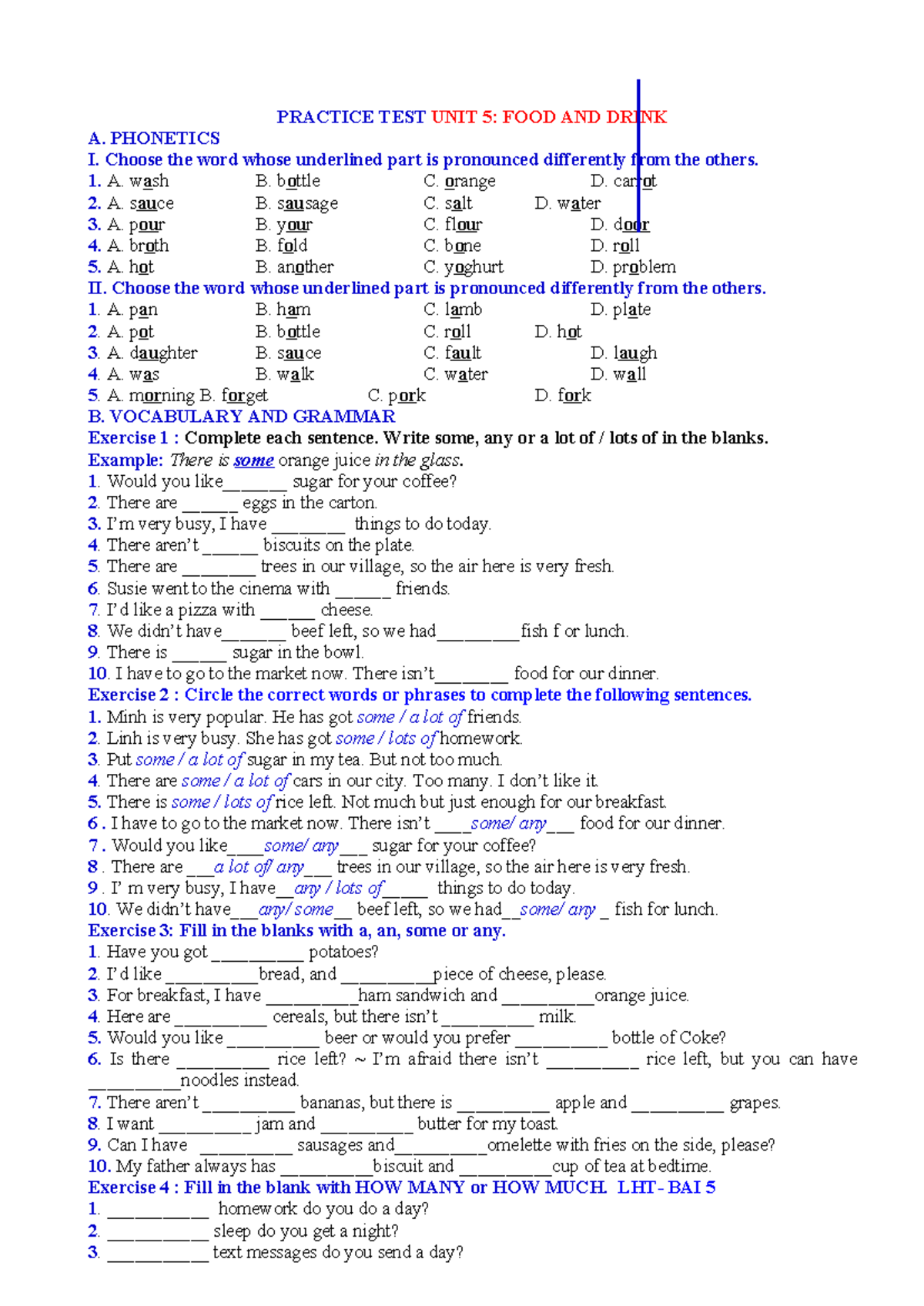 Anh 7 Global Practice Test Unit 5: Food and Drink - Studocu