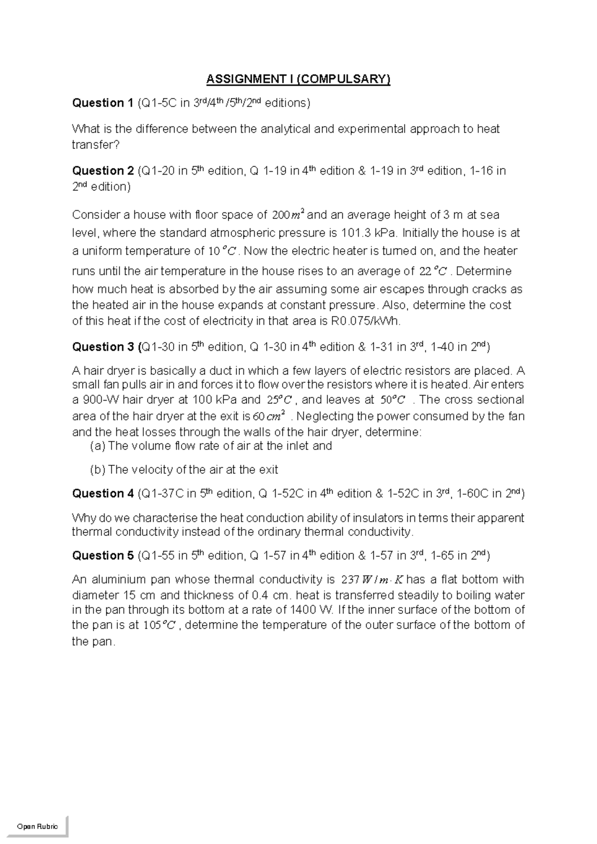 Assignment I: Heat Transfer Approaches & Calculations (ENGR 101) - Studocu