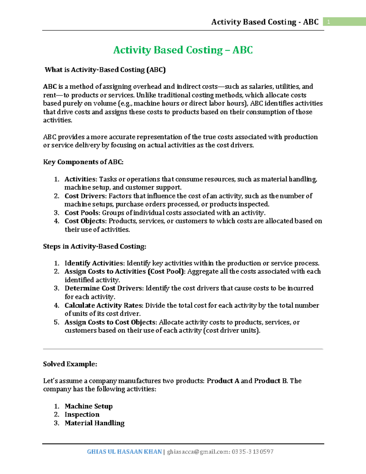 Activity Based Costing (ABC) Overview and Applications - Studocu