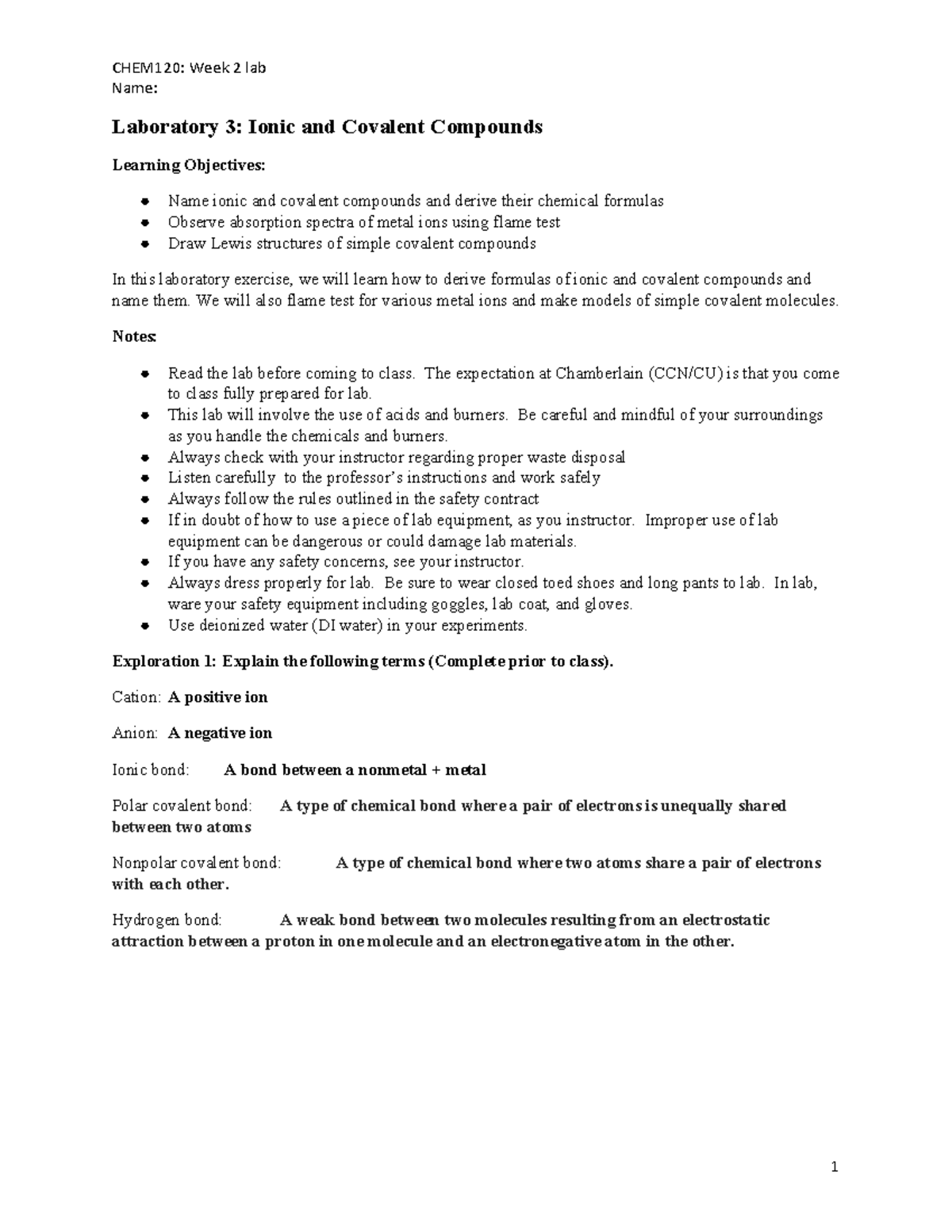 Ionic And Covalent Compounds Lab 3 Lab Instructions - CHEM120: Week 2 ...