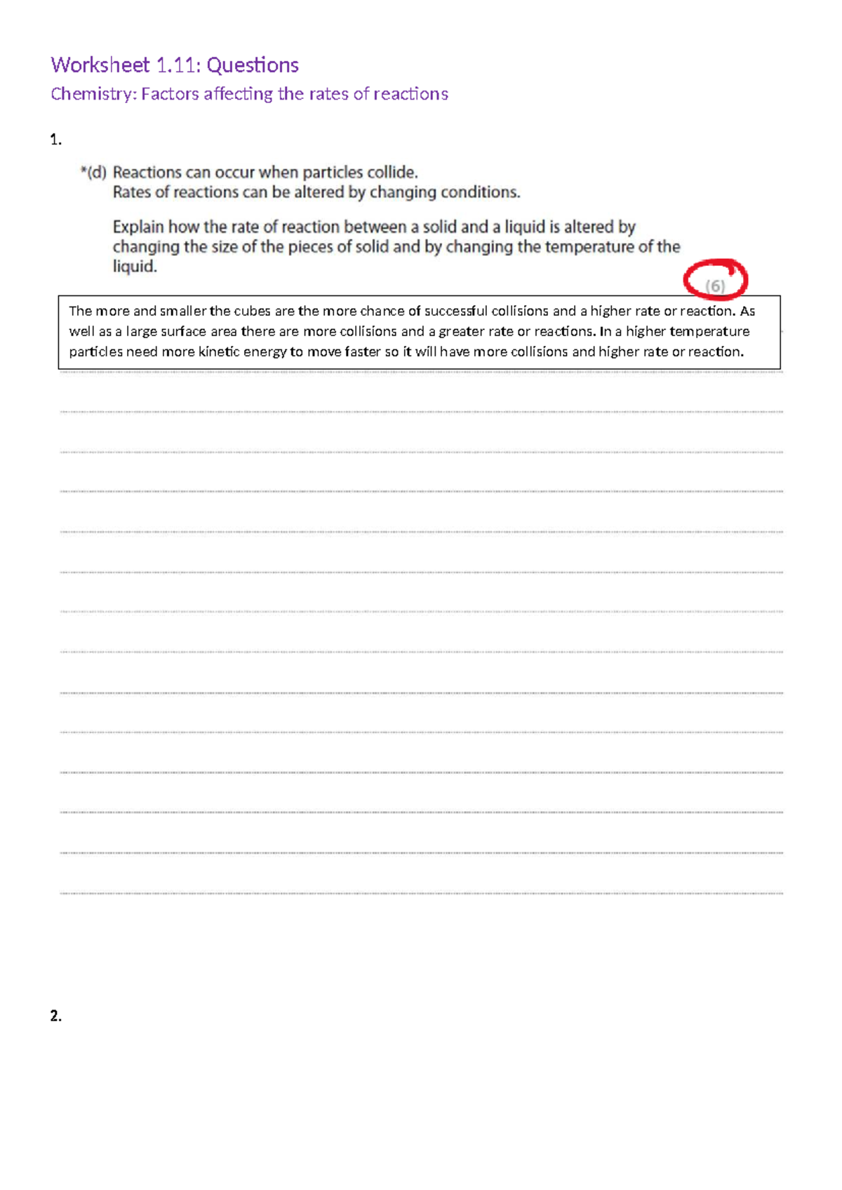 Chemistry 1.11: Factors Influencing Reaction Rates Worksheet - Studocu