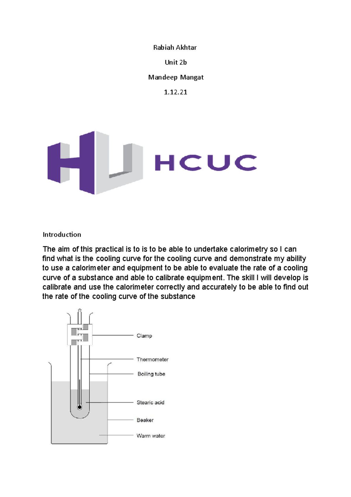 Unit 2b Calorimetry: Cooling Curve Practical Analysis - Studocu
