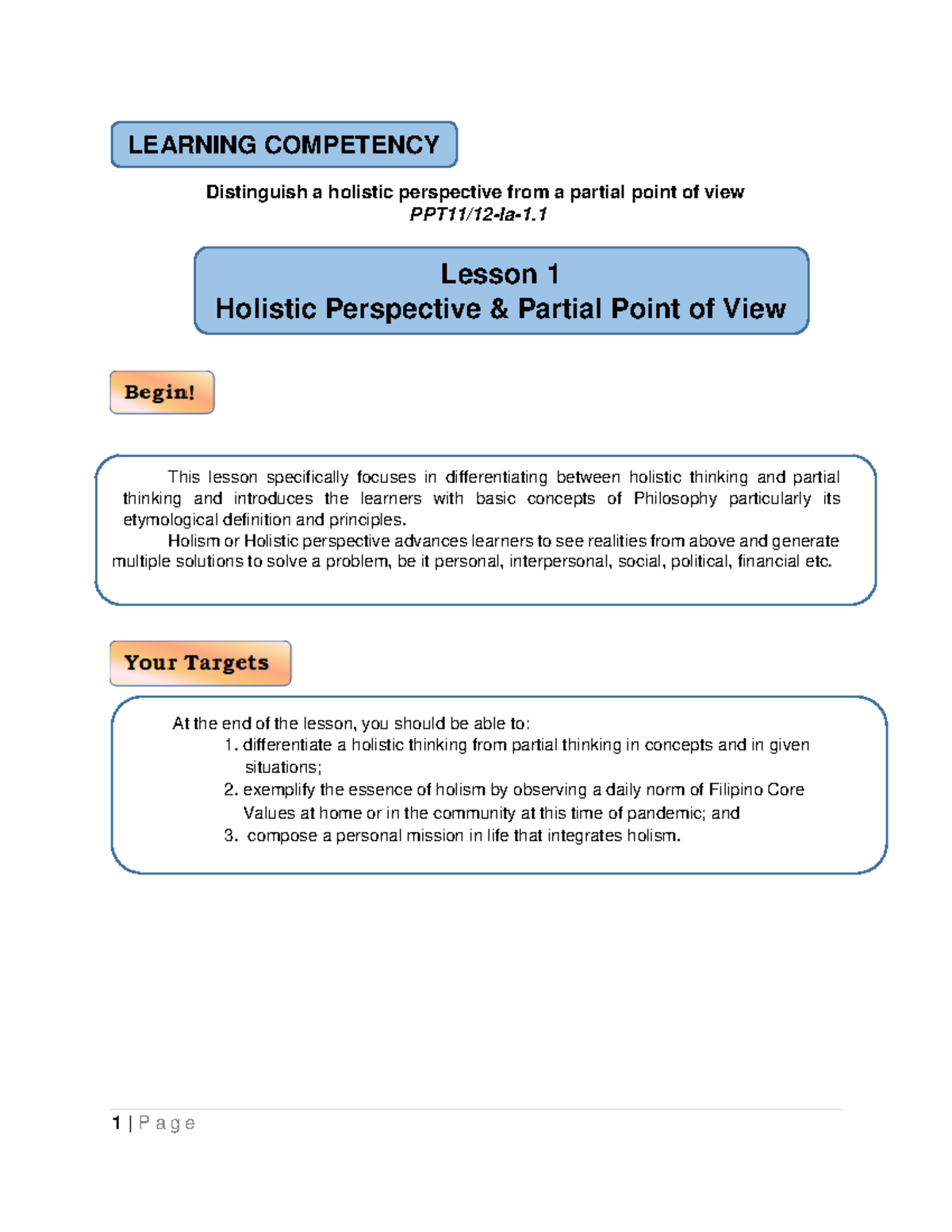 IPHP Lesson 1: Understanding Holistic vs. Partial Perspectives - Studocu