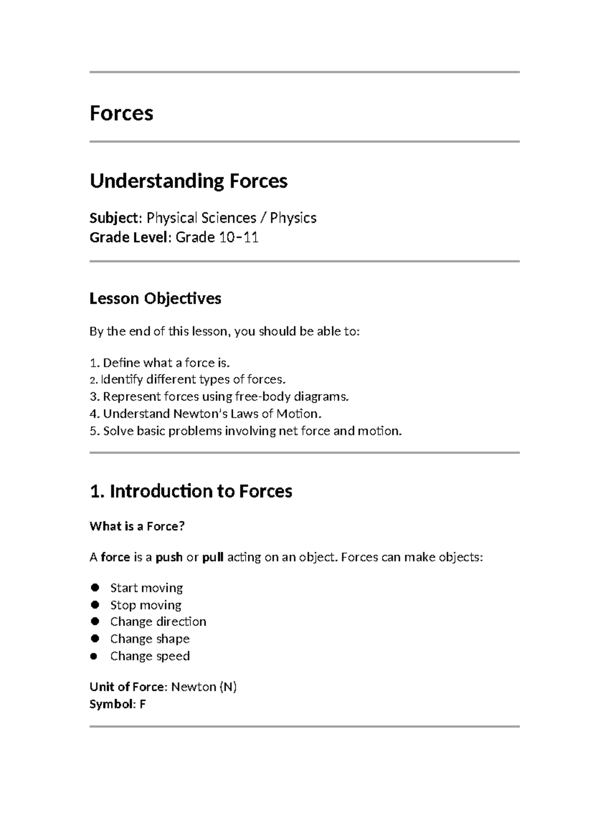 Physics Lesson - Forces Understanding Forces Subject: Physical Sciences ...