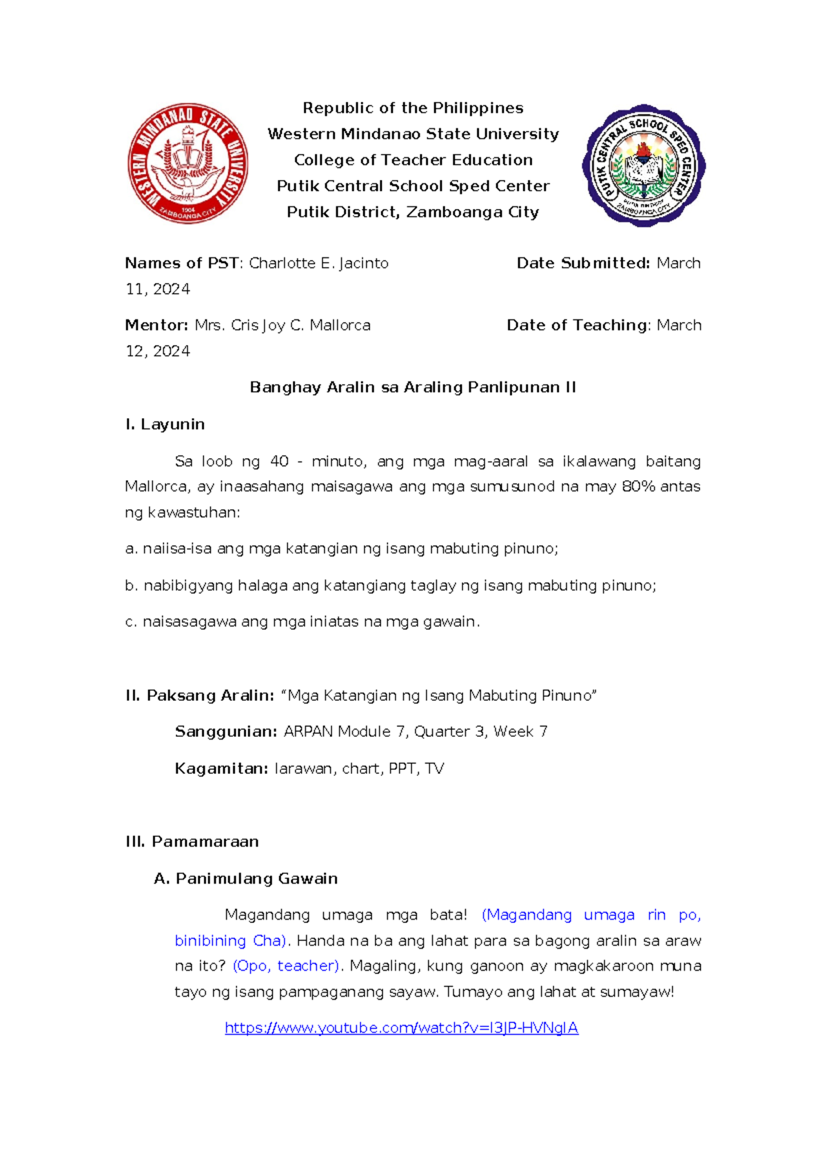 Mga Katangian ng Mabuting Pinuno - ARPAN II Lesson Plan - Studocu