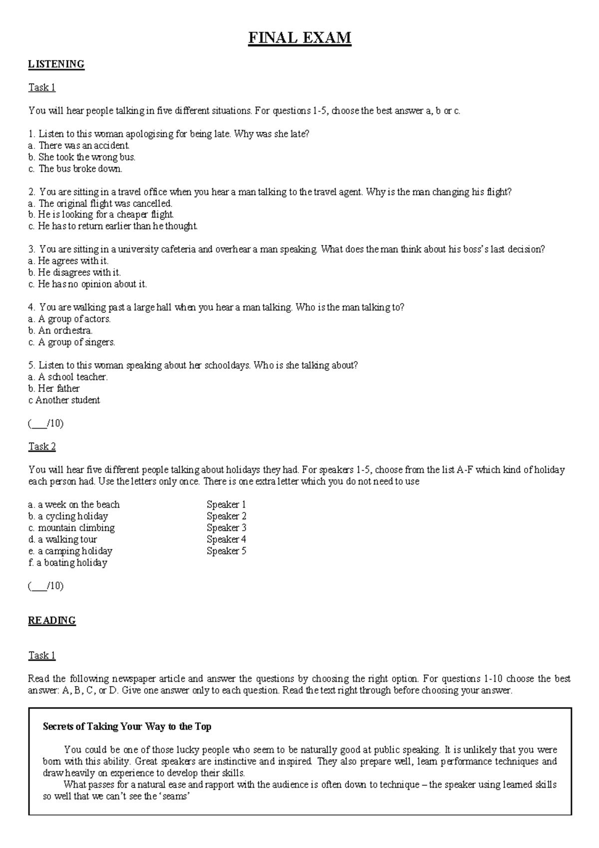 FINAL EXAM LISTENING & READING B2 Practice Test - Studocu