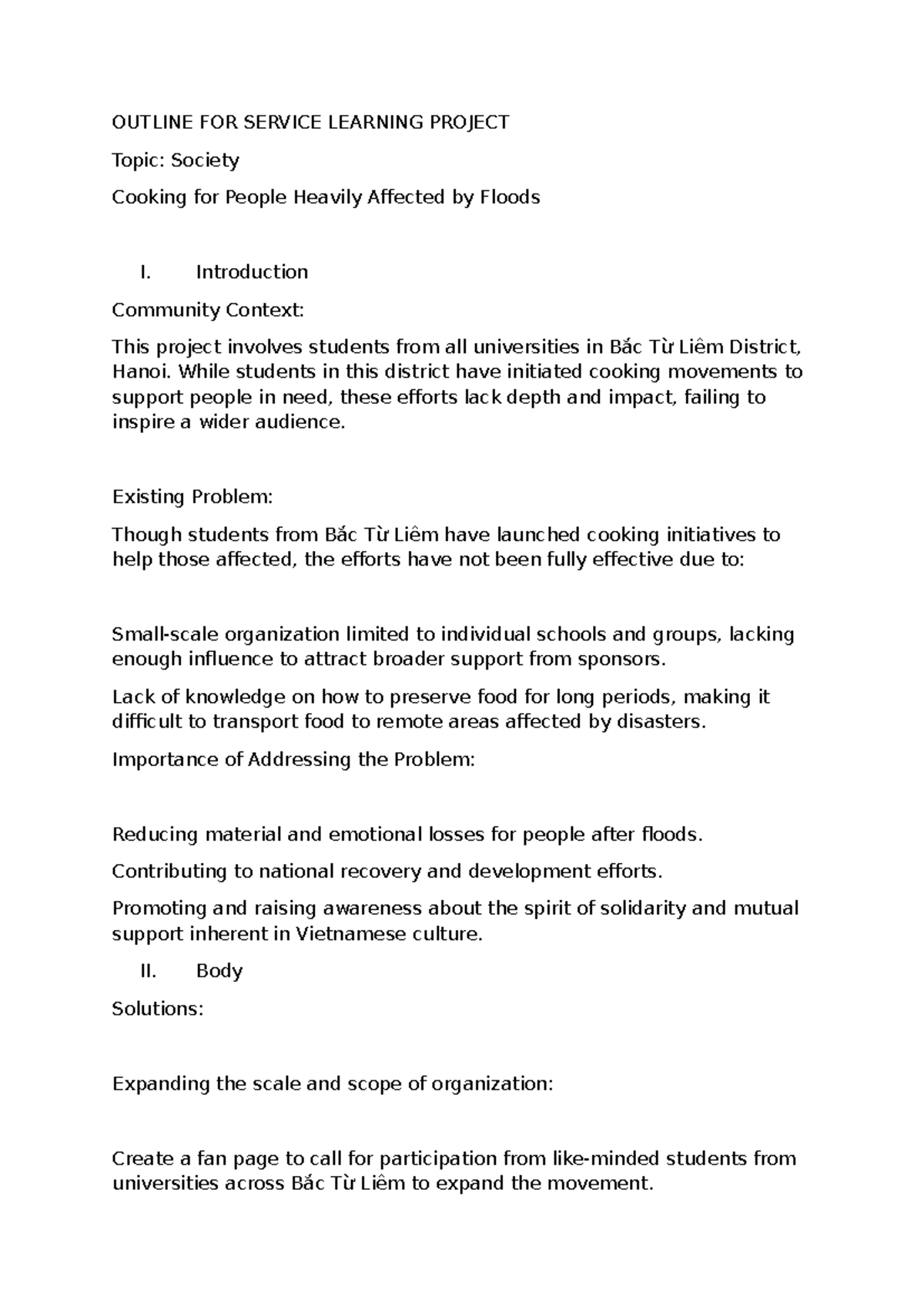 Outline service learning project - OUTLINE FOR SERVICE LEARNING PROJECT ...