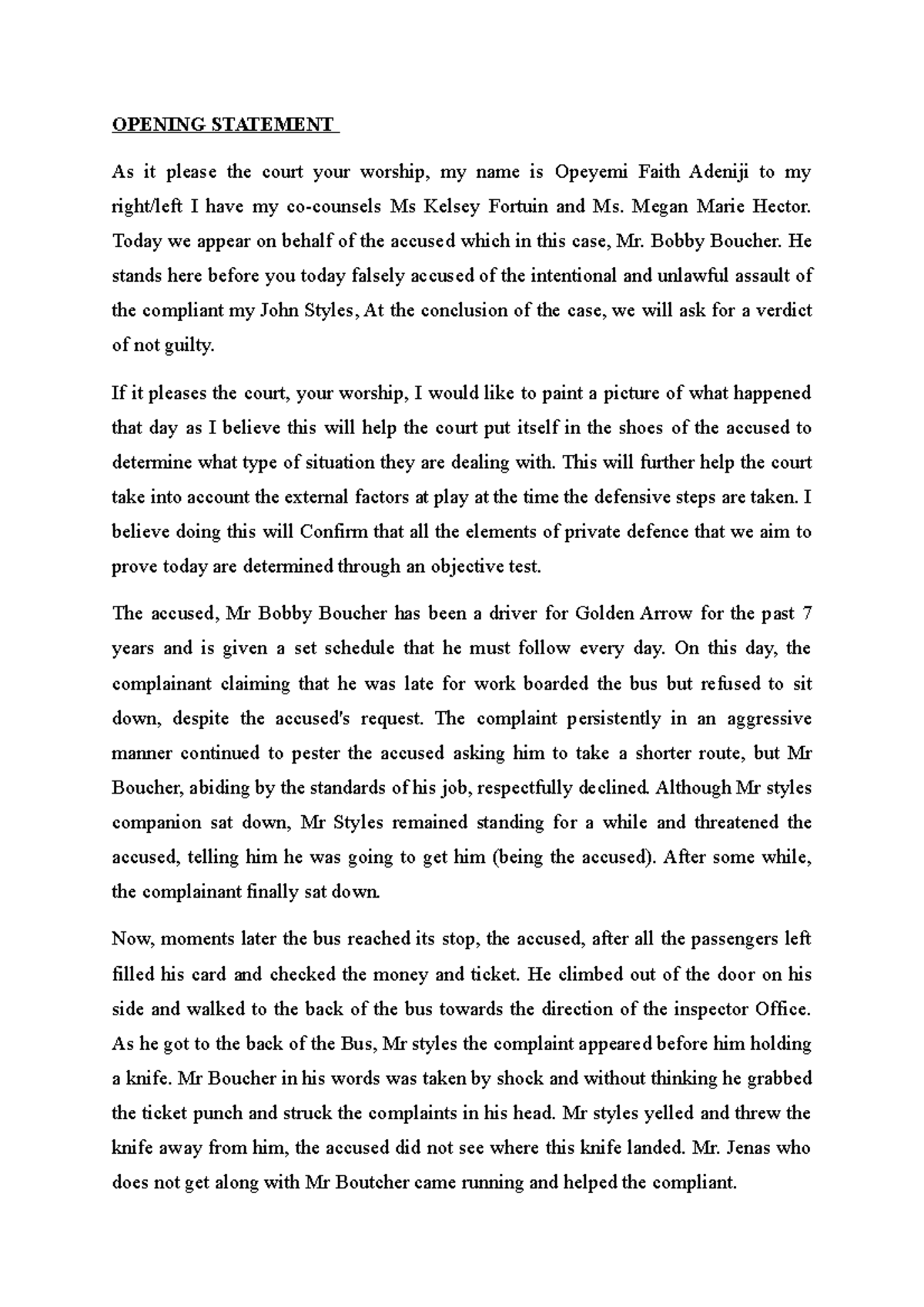 MOCK Trial: Opening and Closing Statements for Case Study (LAW 101 ...