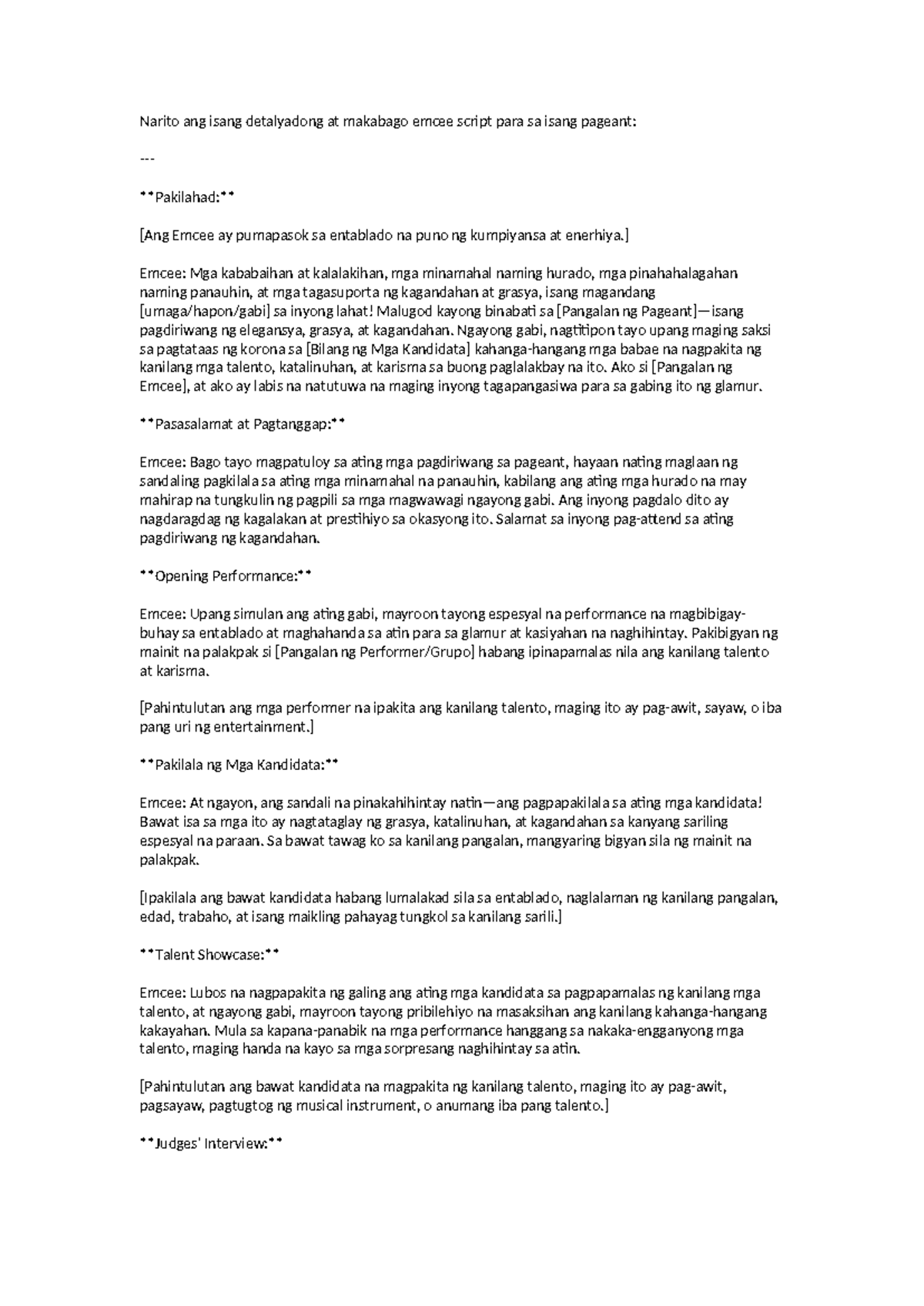Emcee Script para sa Pageant: Tagalog Detalye at Pagsasagawa - Studocu