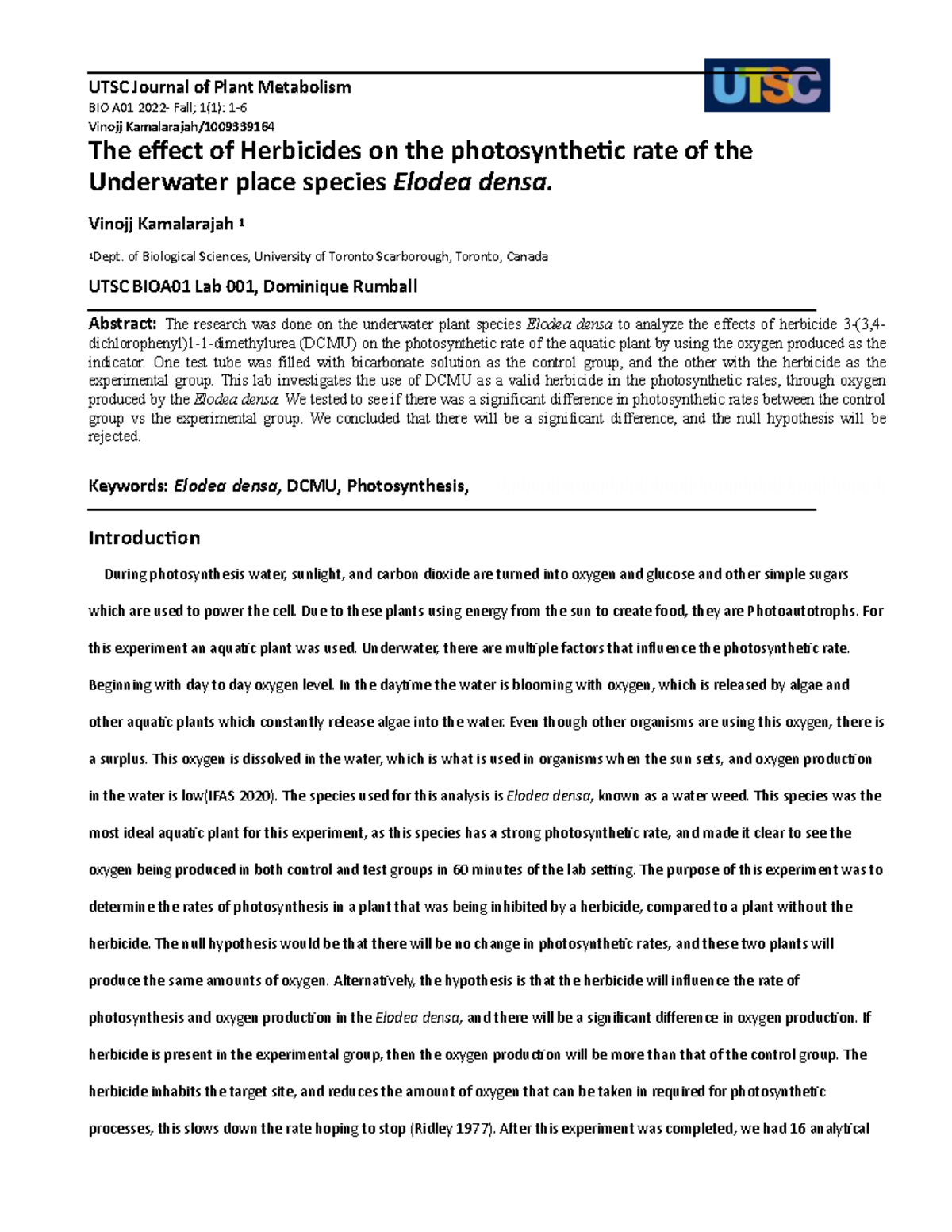 BIOA01 Formal Lab Report Template F2022 - UTSC Journal of Plant ...