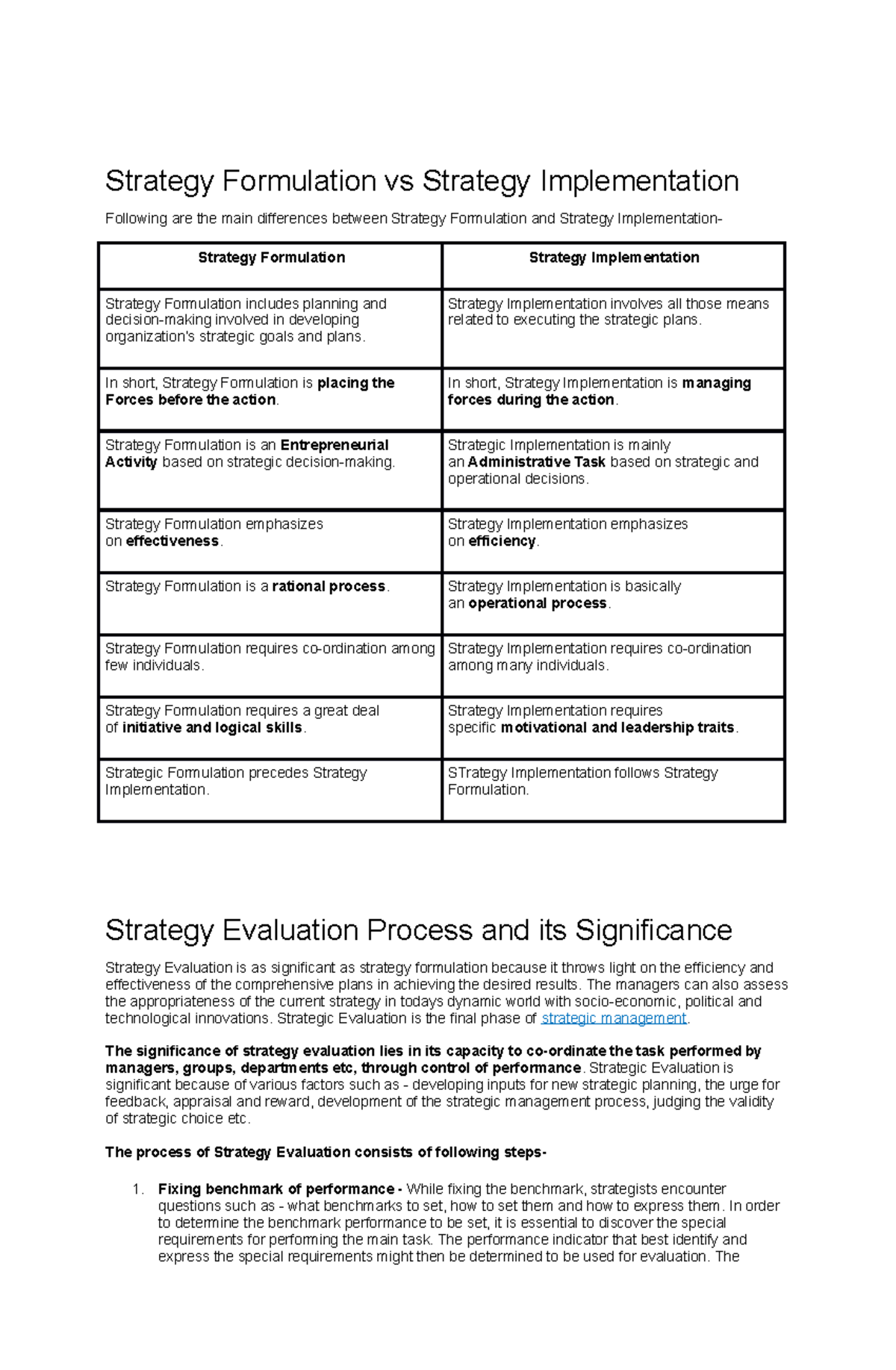 Strategy Formulation vs Strategy Implementation - Strategy Implementation involves all those ...