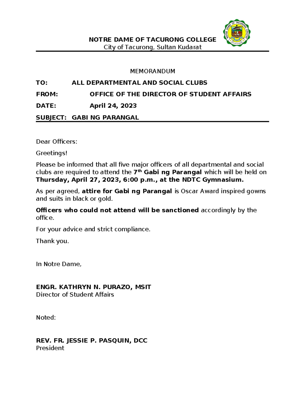 MEMO- Sample - Notes - NOTRE DAME OF TACURONG COLLEGE City of Tacurong ...
