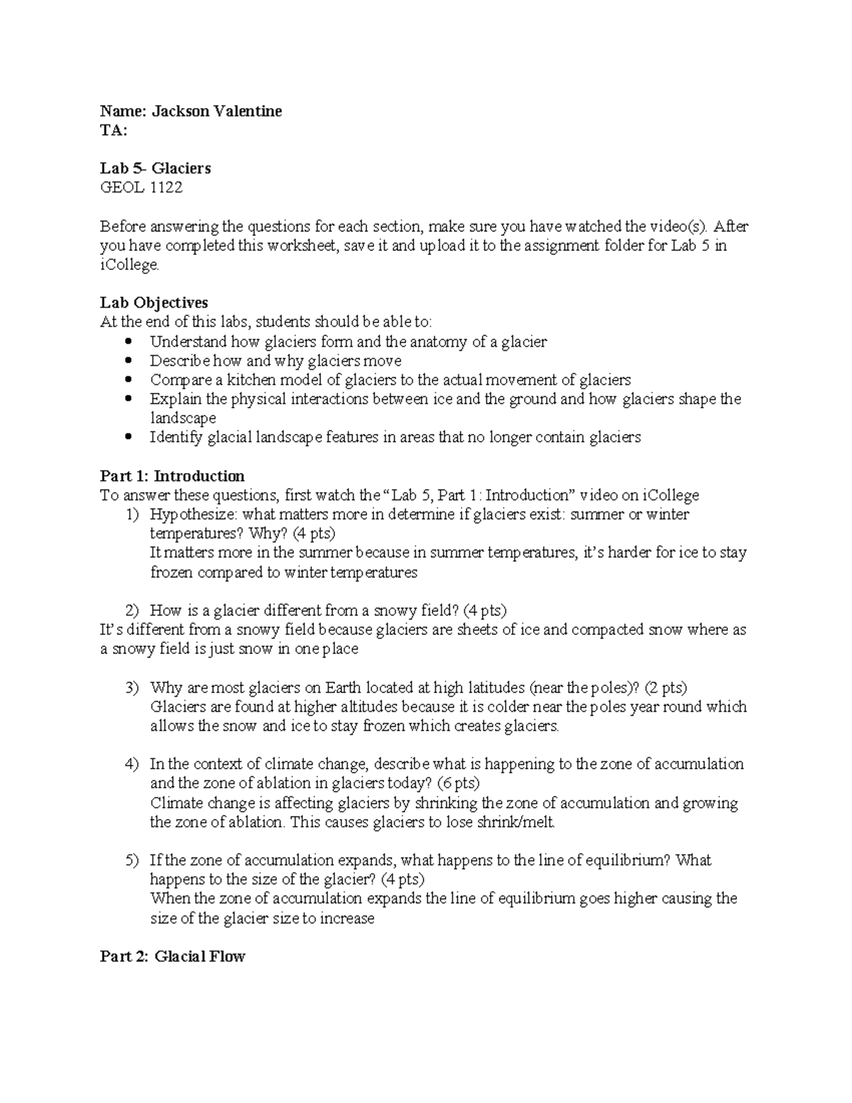 Lab 5: Understanding Glaciers - GEOL 1122 Worksheet and Analysis - Studocu