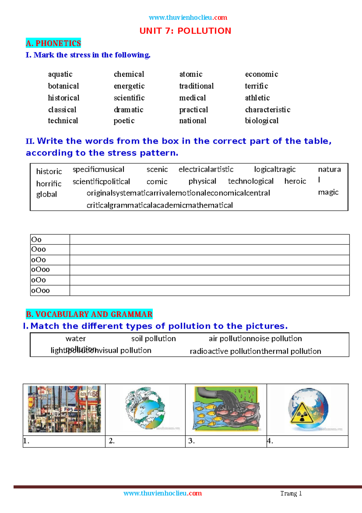 UNIT 7: POLLUTION - PHONETICS, VOCABULARY & GRAMMAR EXERCISES - Studocu