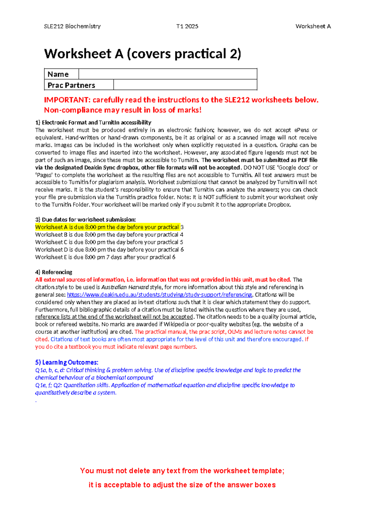 SLE212 Biochemistry T1 2025 Worksheet A - Practical 2 Instructions ...