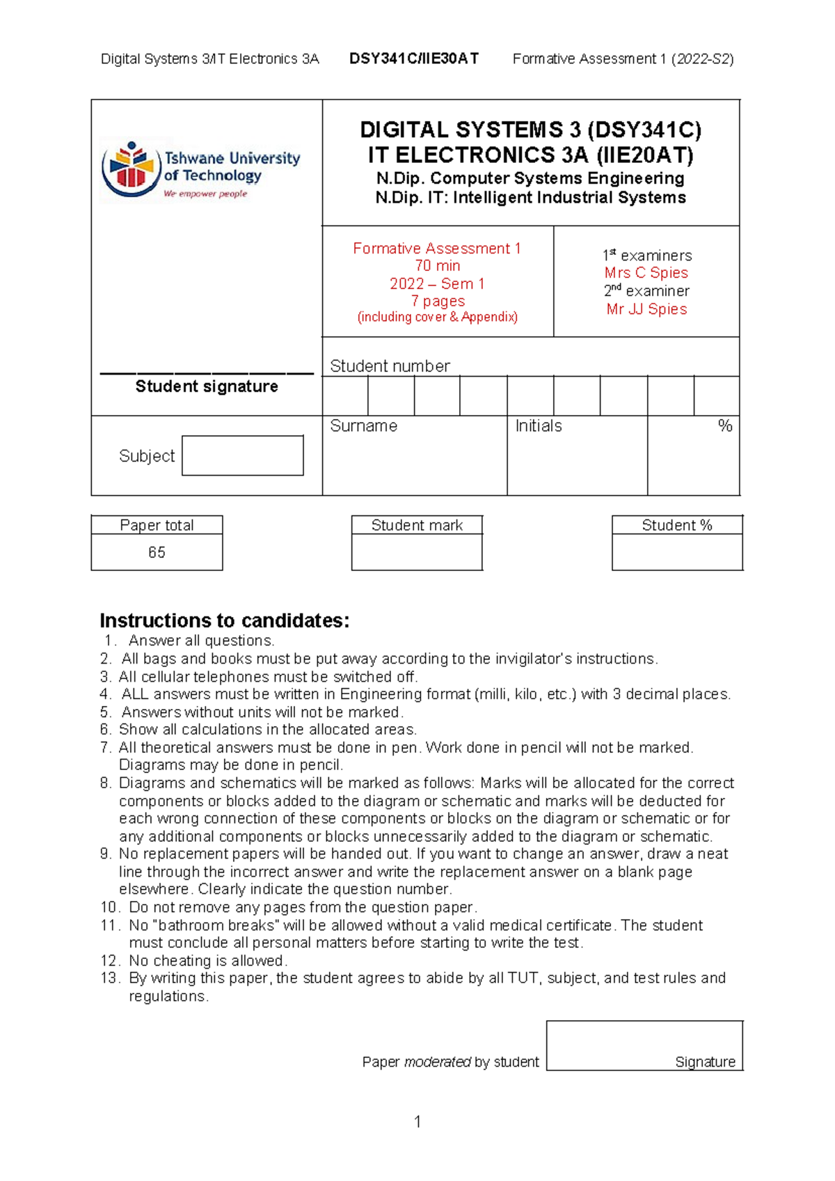 DSY341C - QS04 - Test 1 - (2022-S2) Memo - DIGITAL SYSTEMS 3 (DSY341C ...
