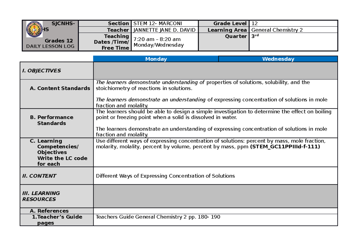 Daily Lesson Log in Chemistry: Concentration of Solutions (STEM 12 ...
