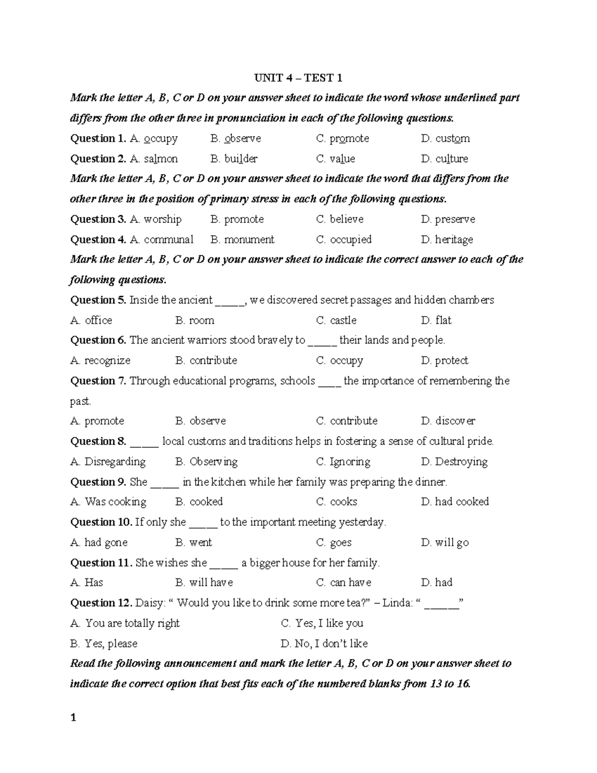 UNIT 4 - TEST 1 - Pronunciation and Comprehension Practice - Studocu
