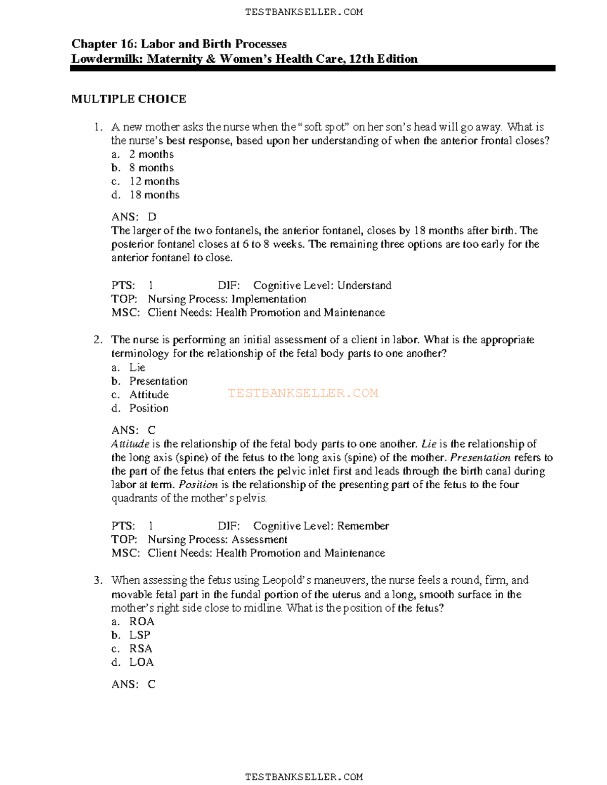 Chapter 16: Labor & Birth Processes - Test Bank for Maternity Care ...