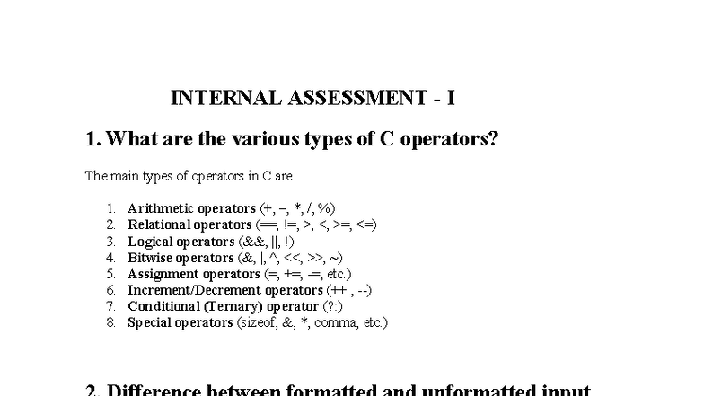 C Programming Operators & Input Methods - Internal Assessment I - Studocu