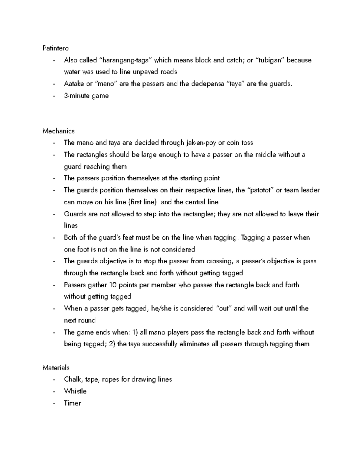 Patintero - Game Mechanics and Rules Notes - Studocu
