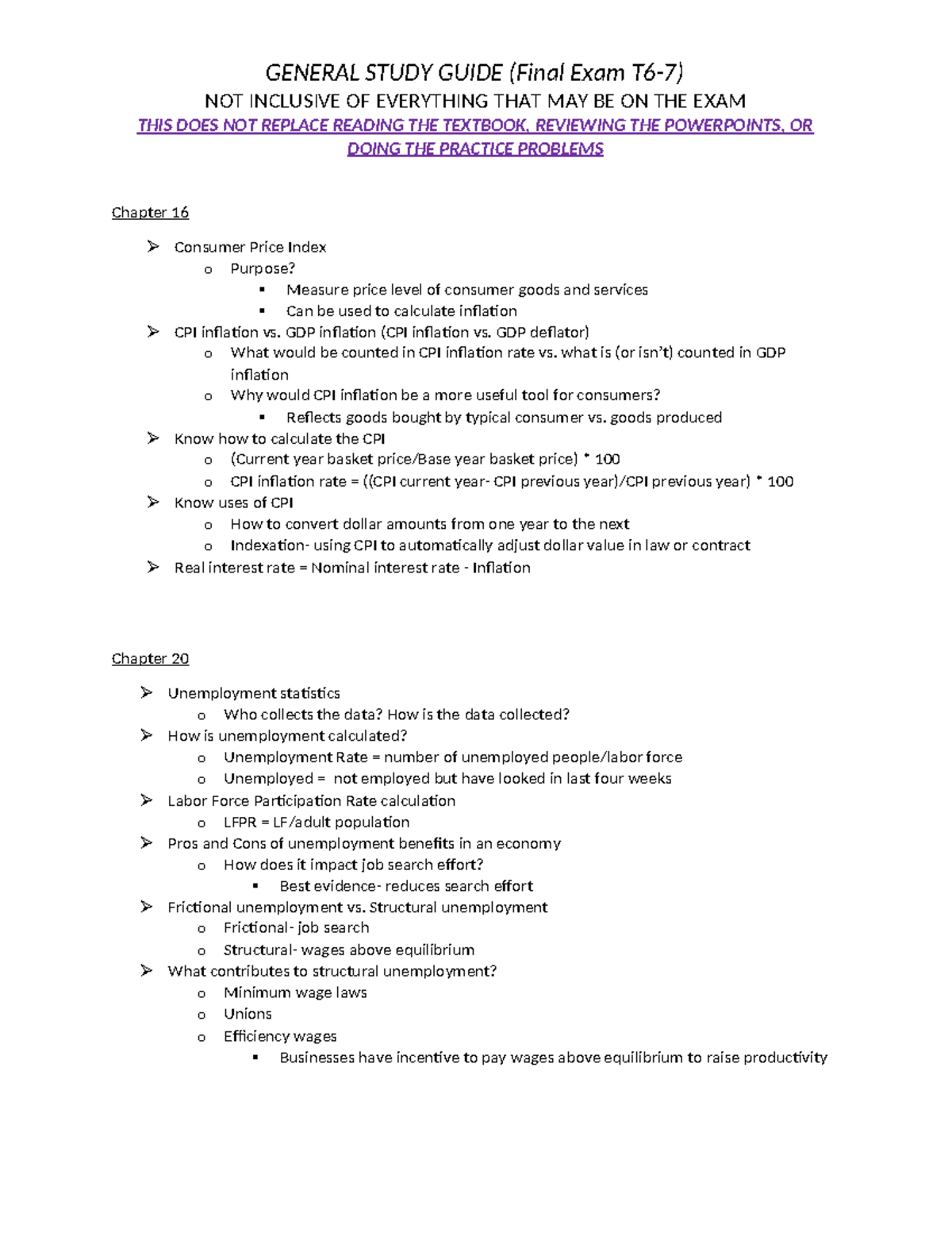 Final Exam Study Guide for Economics (T6-7) - Key Concepts & Formulas - Studocu