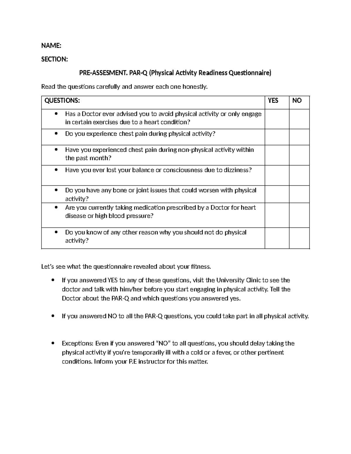 Sample par q questionnaire - NAME: SECTION: PRE-ASSESMENT. PAR-Q ...